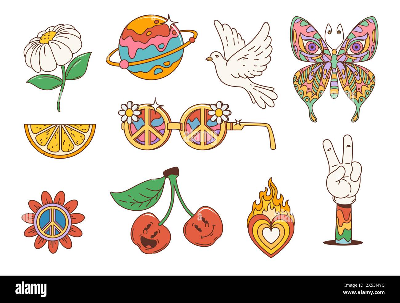 Cartoon retro hippie groovy symbols. Vector funky flower, rainbow heart ...