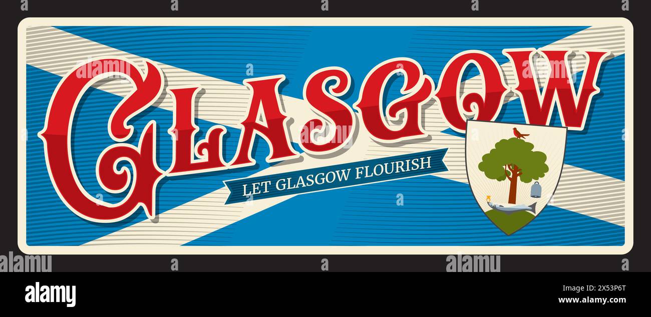 Glasgow Scottish city, town in Scotland. Vector travel plate or sticker ...