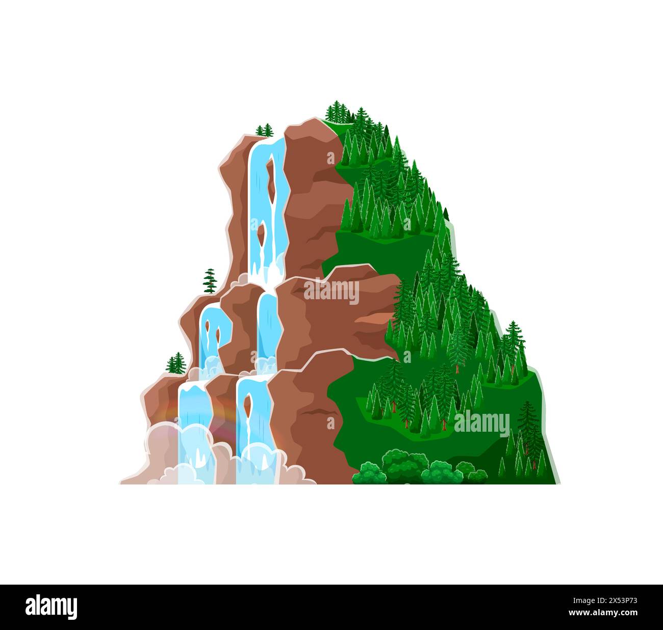 Cartoon waterfall and water cascade. Isolated vector rocky hill with ...