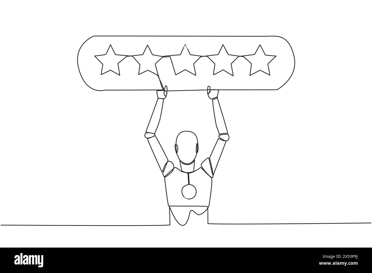 Single one line drawing robot holding rating board which contains 5 ...
