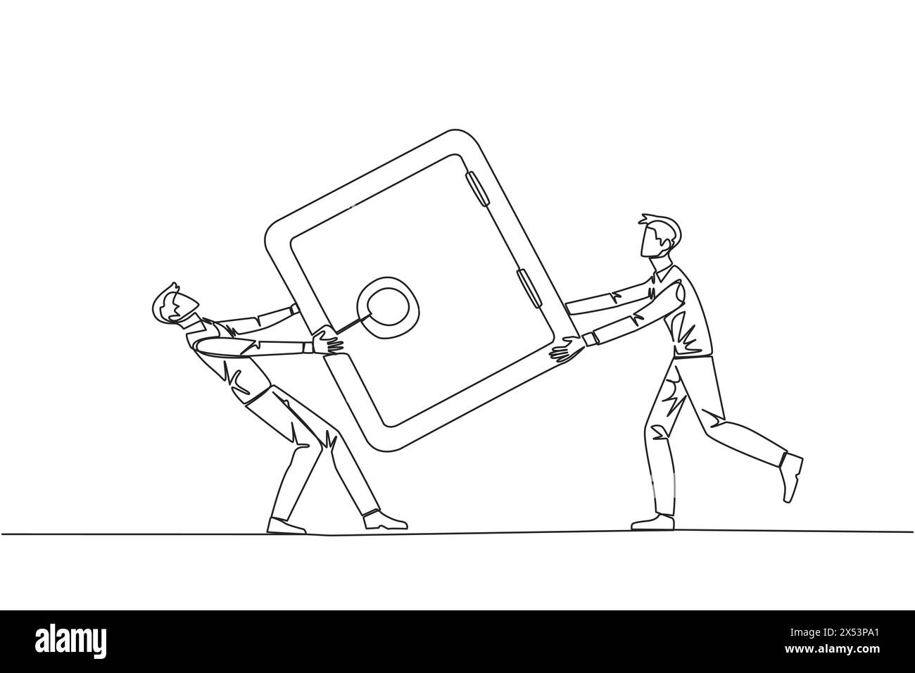 Single continuous line drawing two businessman fighting over safe ...