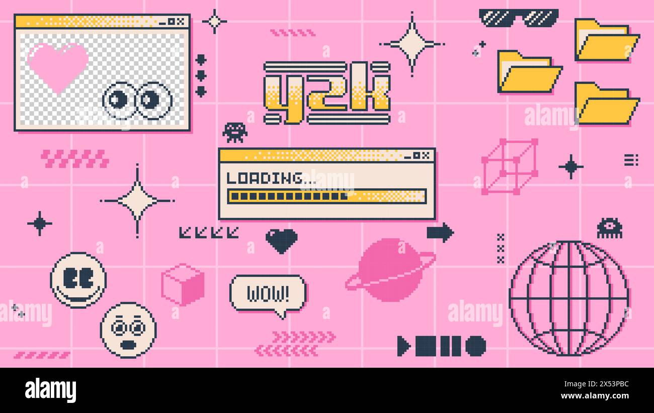 Y2k banner, vector computer pc desktop with interface windows, folders, icons and loading bar ...