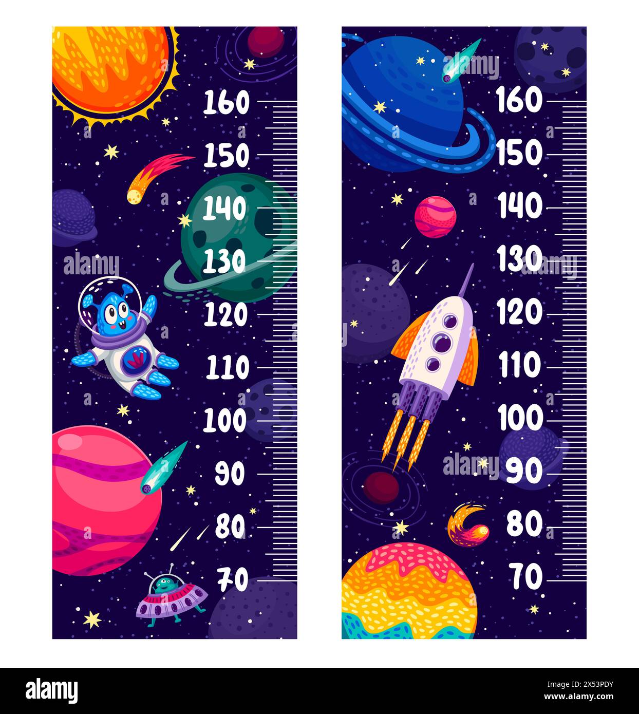 Kids height measure chart with space planets and galaxy rockets, vector ...