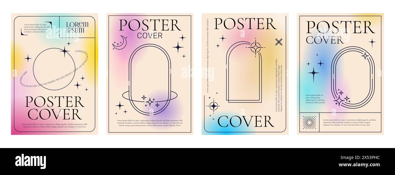 Aesthetic gradient Y2K posters and cover templates with line frames ...