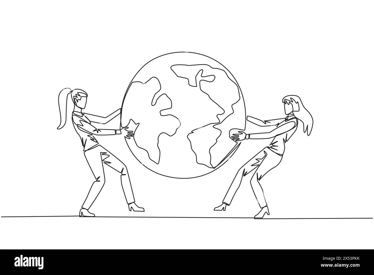 Continuous one line drawing two strong businesswoman fighting over the ...