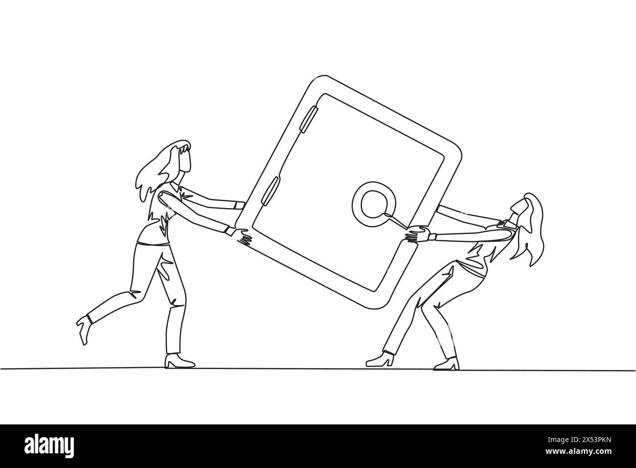 Single continuous line drawing two businesswoman fighting over safe ...