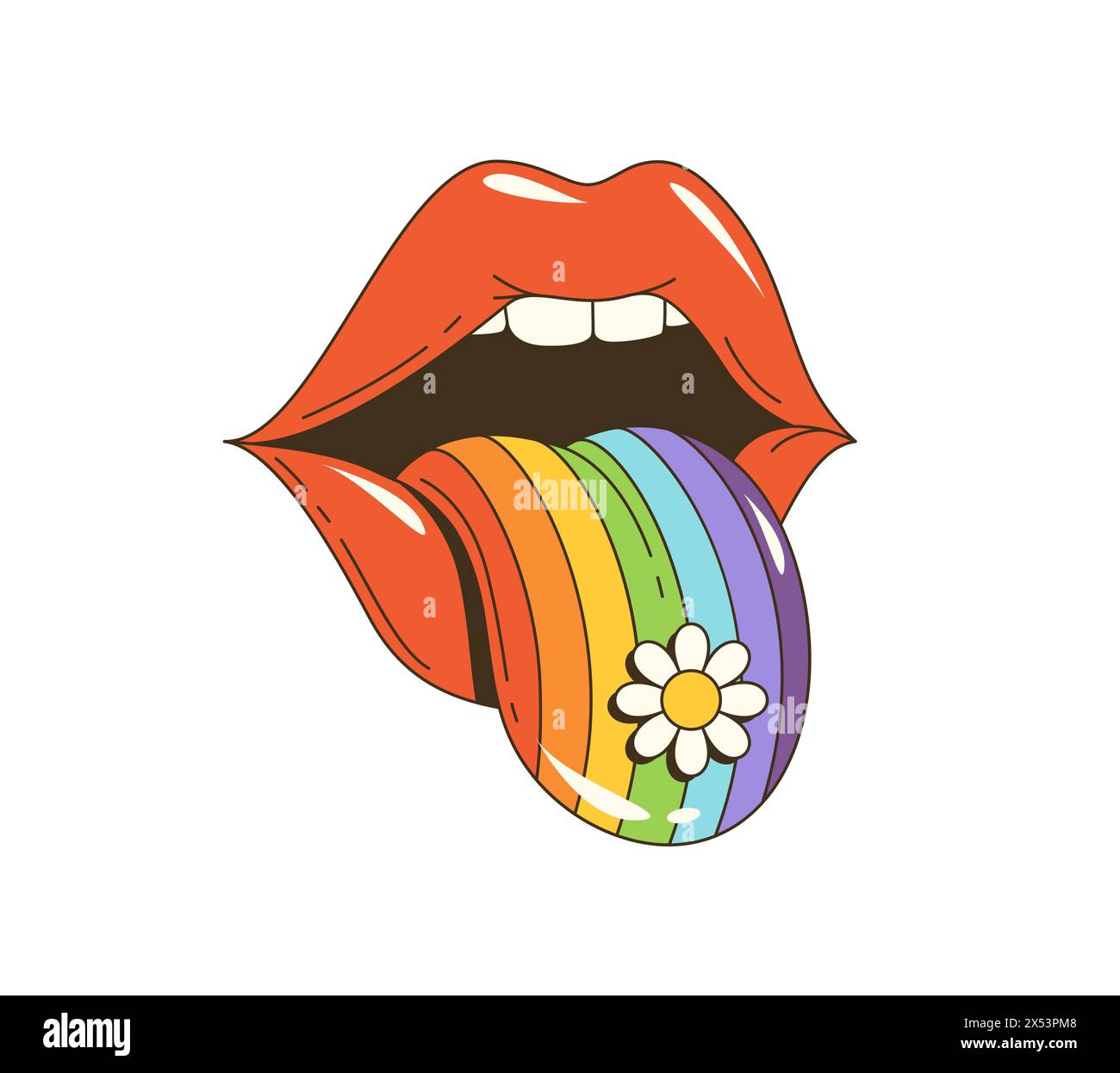 Cartoon retro groovy hippie woman lips with rainbow and flower on tongue, 70s vector art. Groovy ...