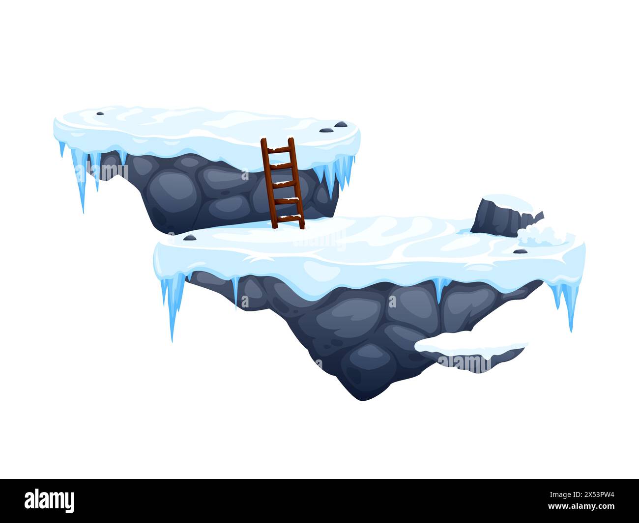 Arcade game stone platforms with ice and snow, winter level game UI ...