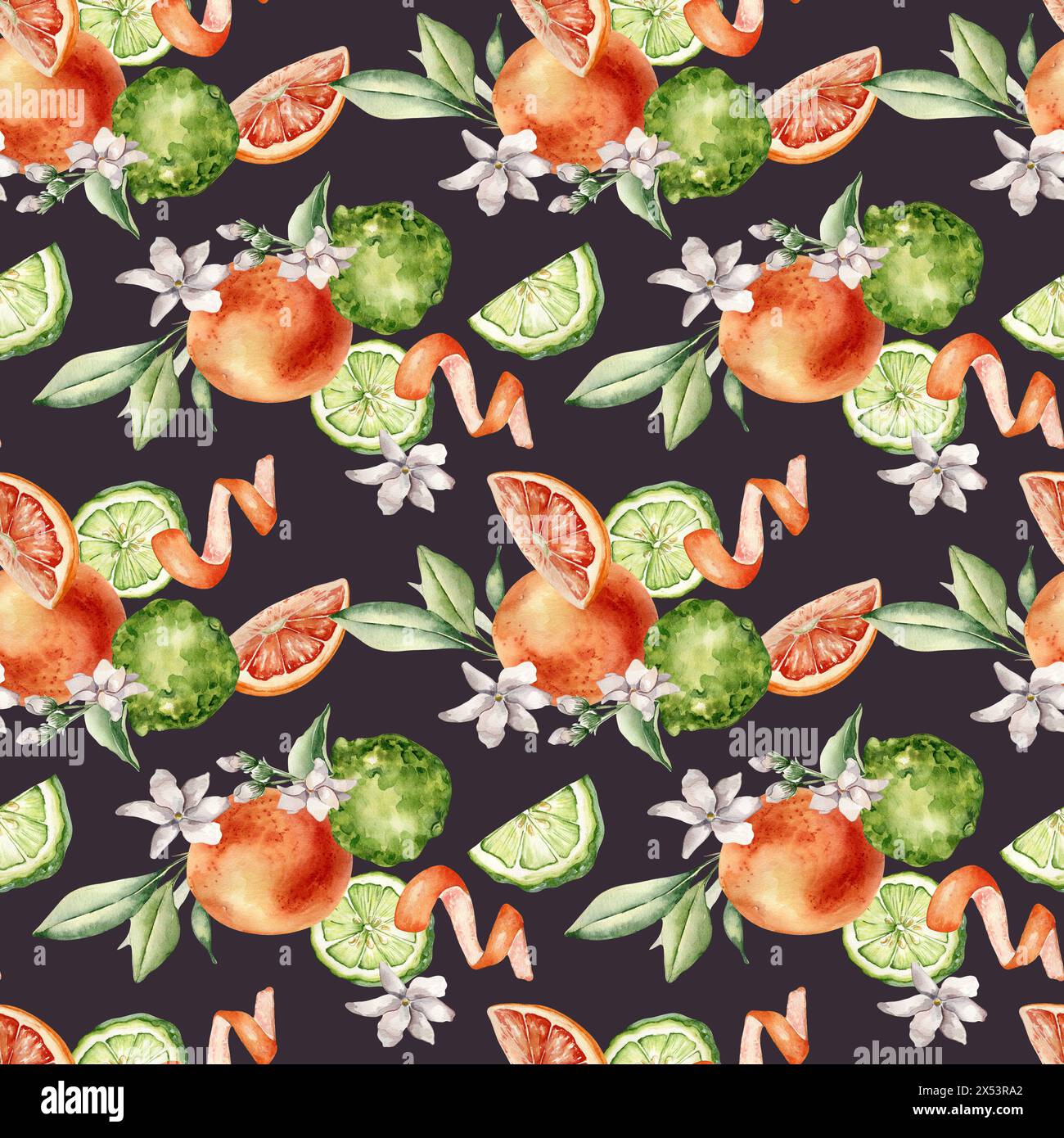 Jasmine flowers with citrus fruits grapefruit and bergamot watercolor seamless pattern isolated ...