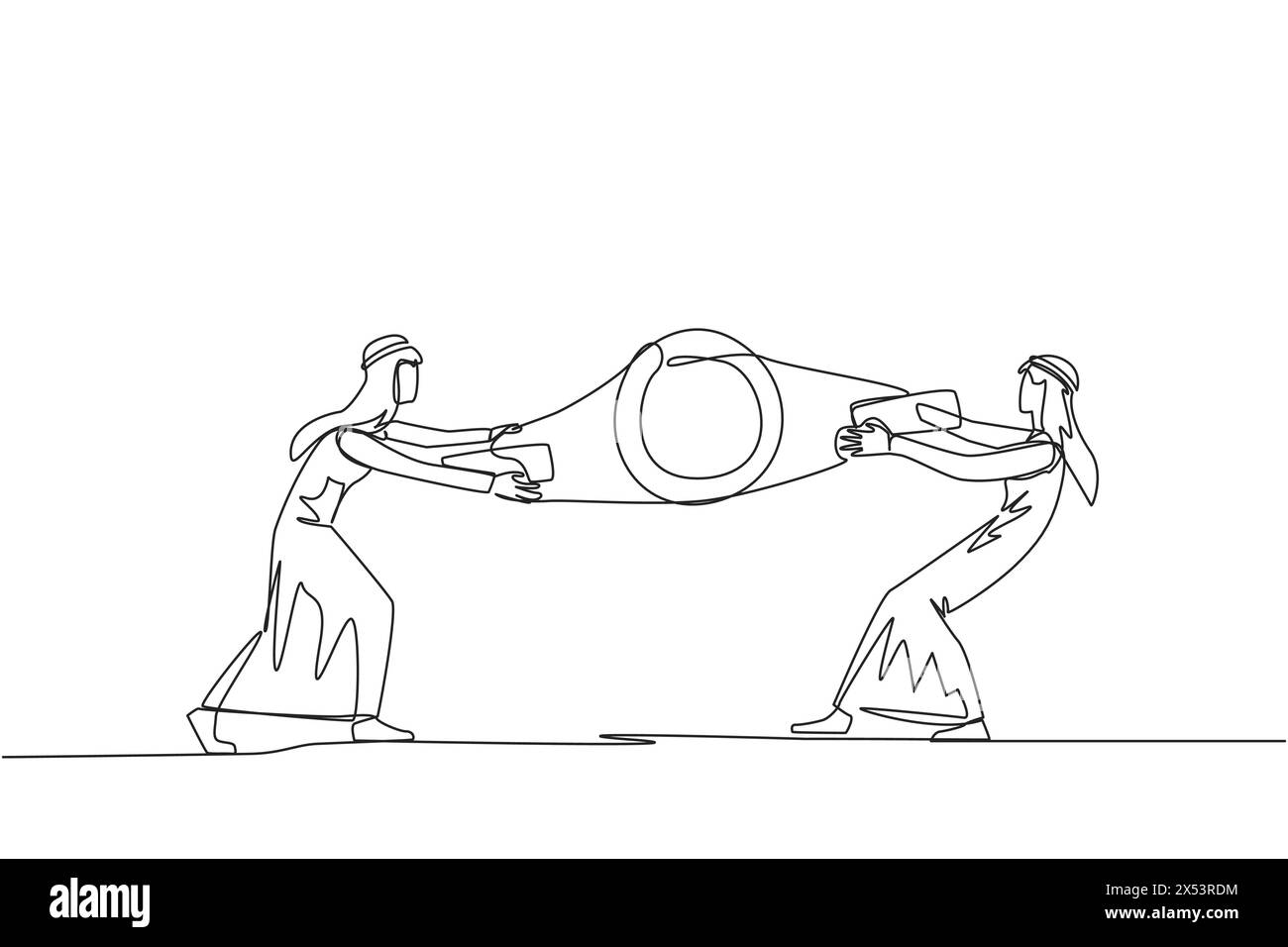 Continuous one line drawing two Arabian businessman fighting over ...