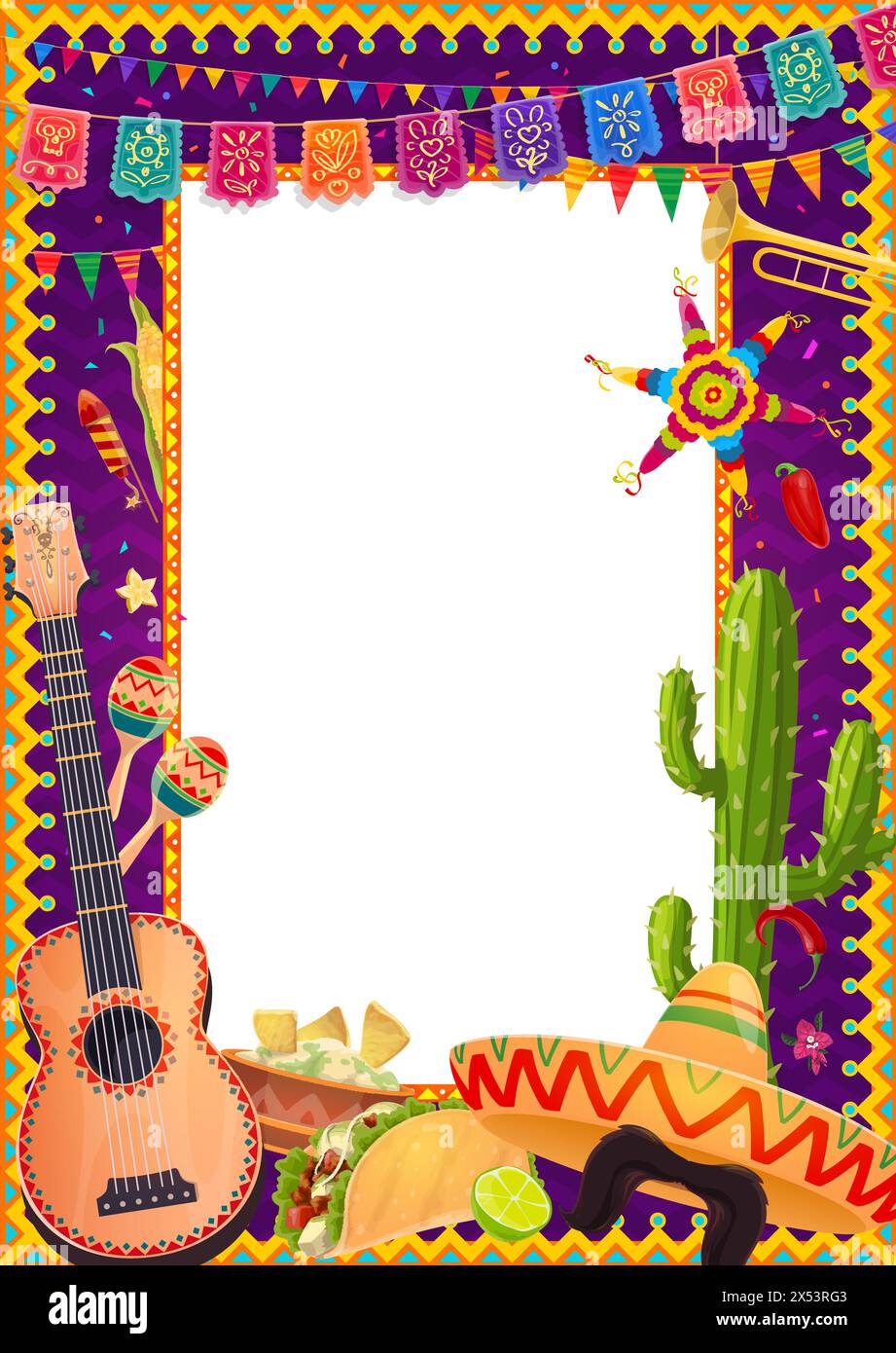 Mexican holiday frame with guitar, food and papel picado flags. Vector ...