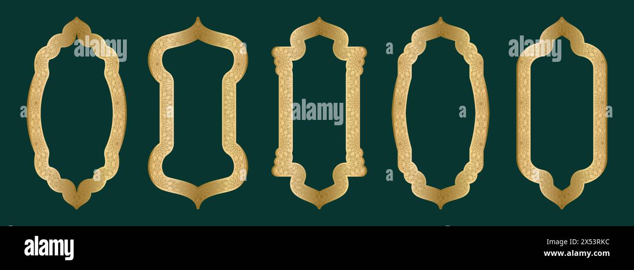 Gold arch frame shape Islamic door or window with geometric girikh ...