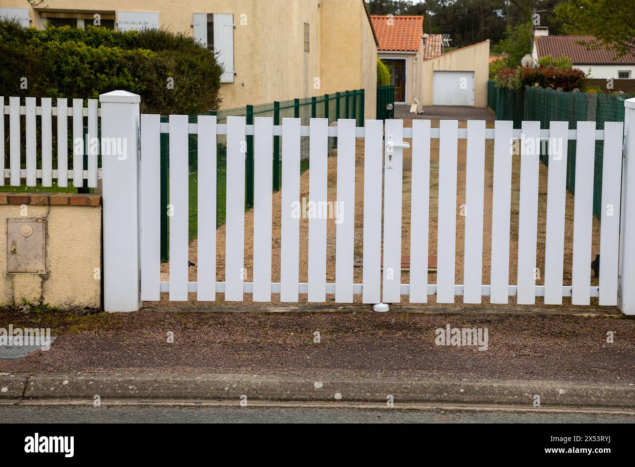 portal closed white pvc plastic slide gate of modern door house Stock ...