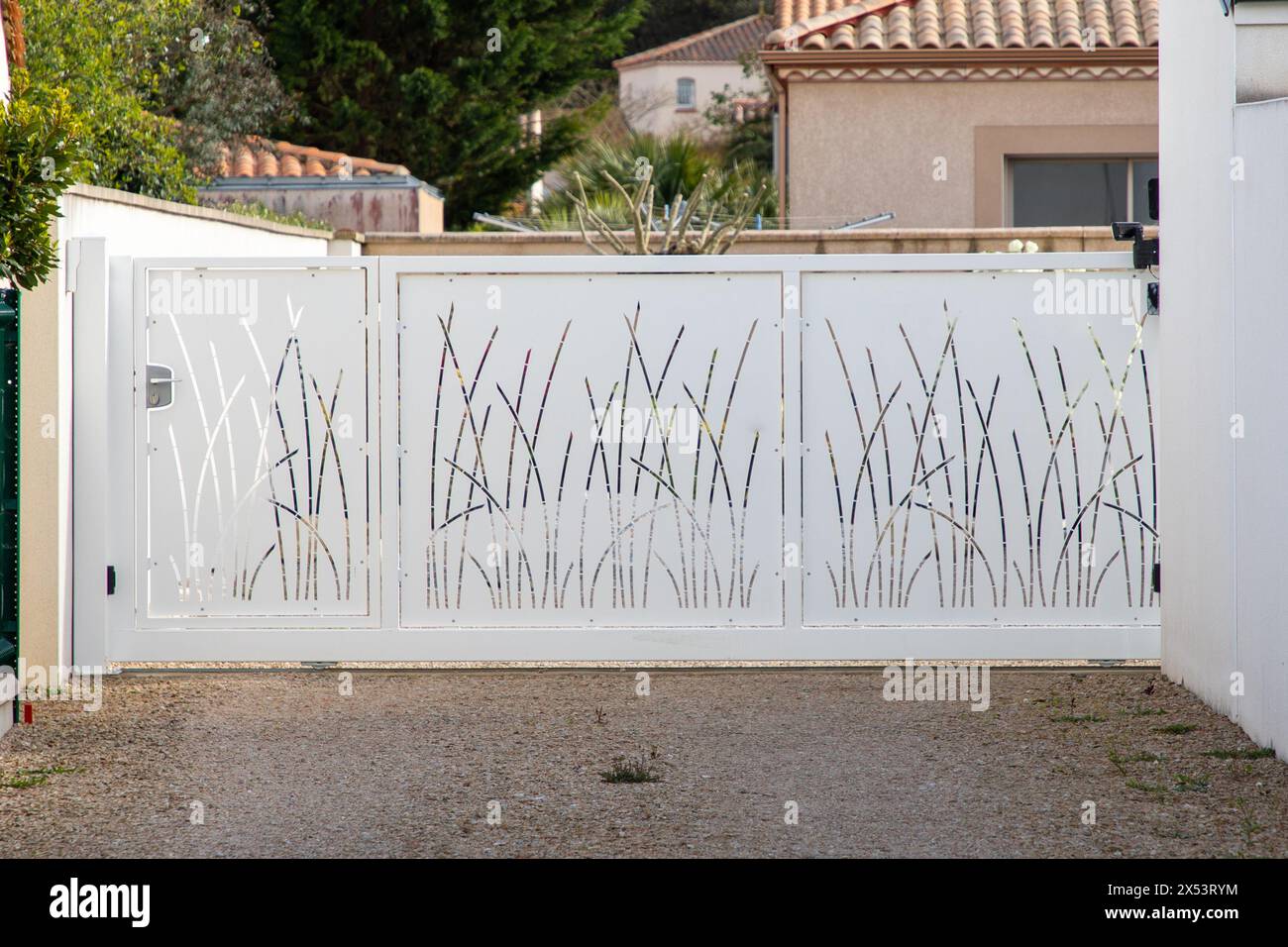 steel design high white metal gate fence of house street view Stock ...