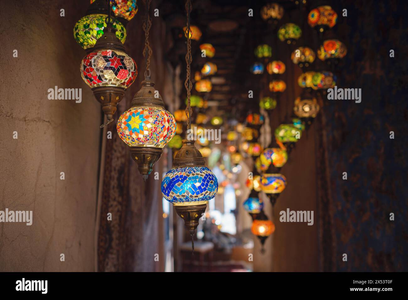 Old historic district in Dubai. Oriental Arabic Colorful glass pendant ...