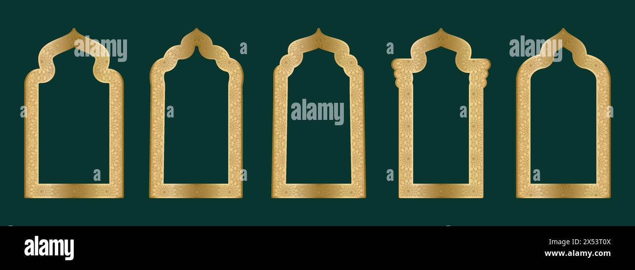Gold arch frame shape Islamic door or window with geometric girikh ...