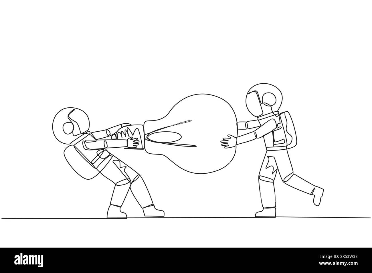Single continuous line drawing two angry astronaut fighting over lightbulb. Both of them ...