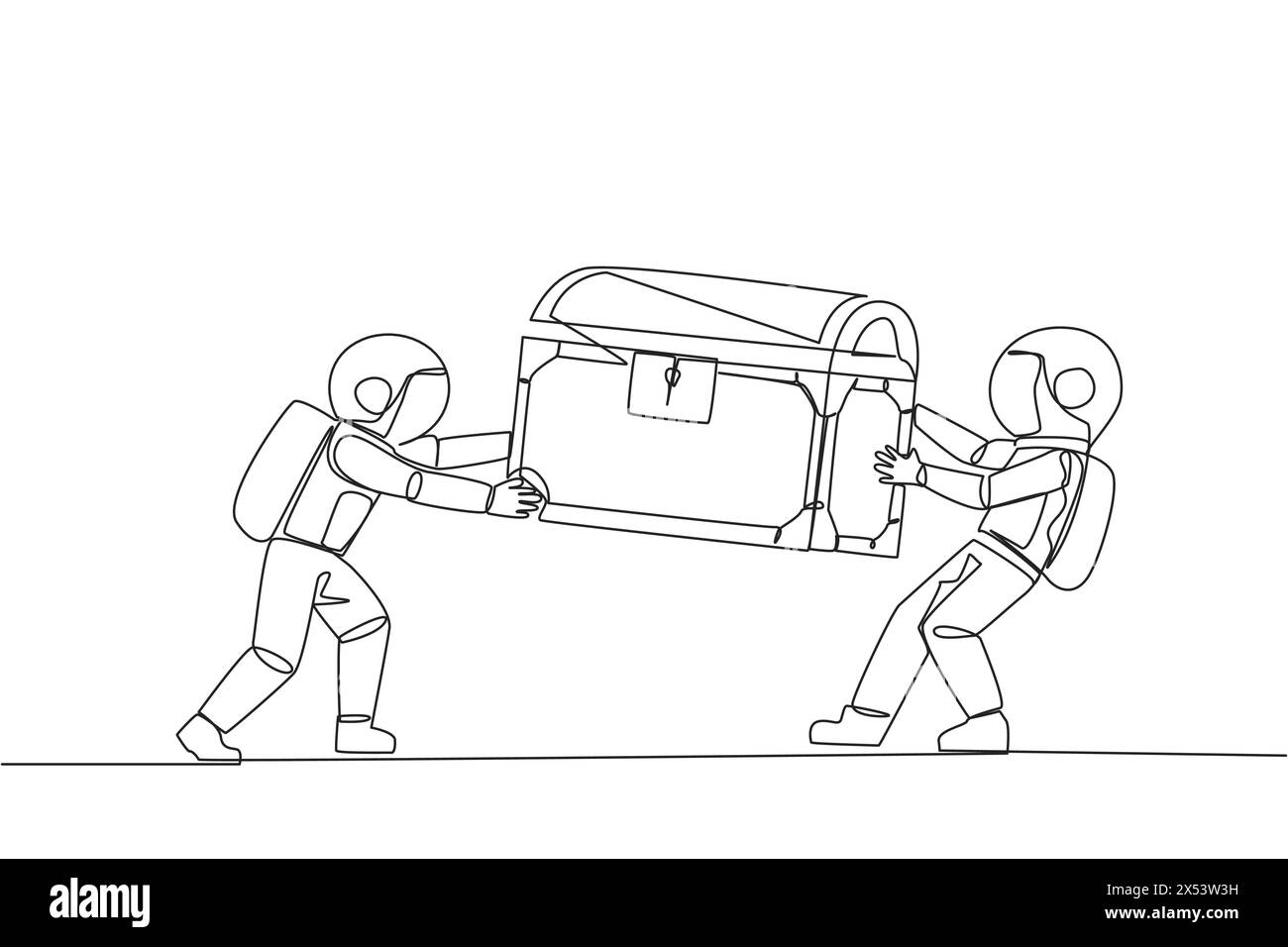 Continuous one line drawing two angry astronaut fighting over the treasure chest. Feel most ...