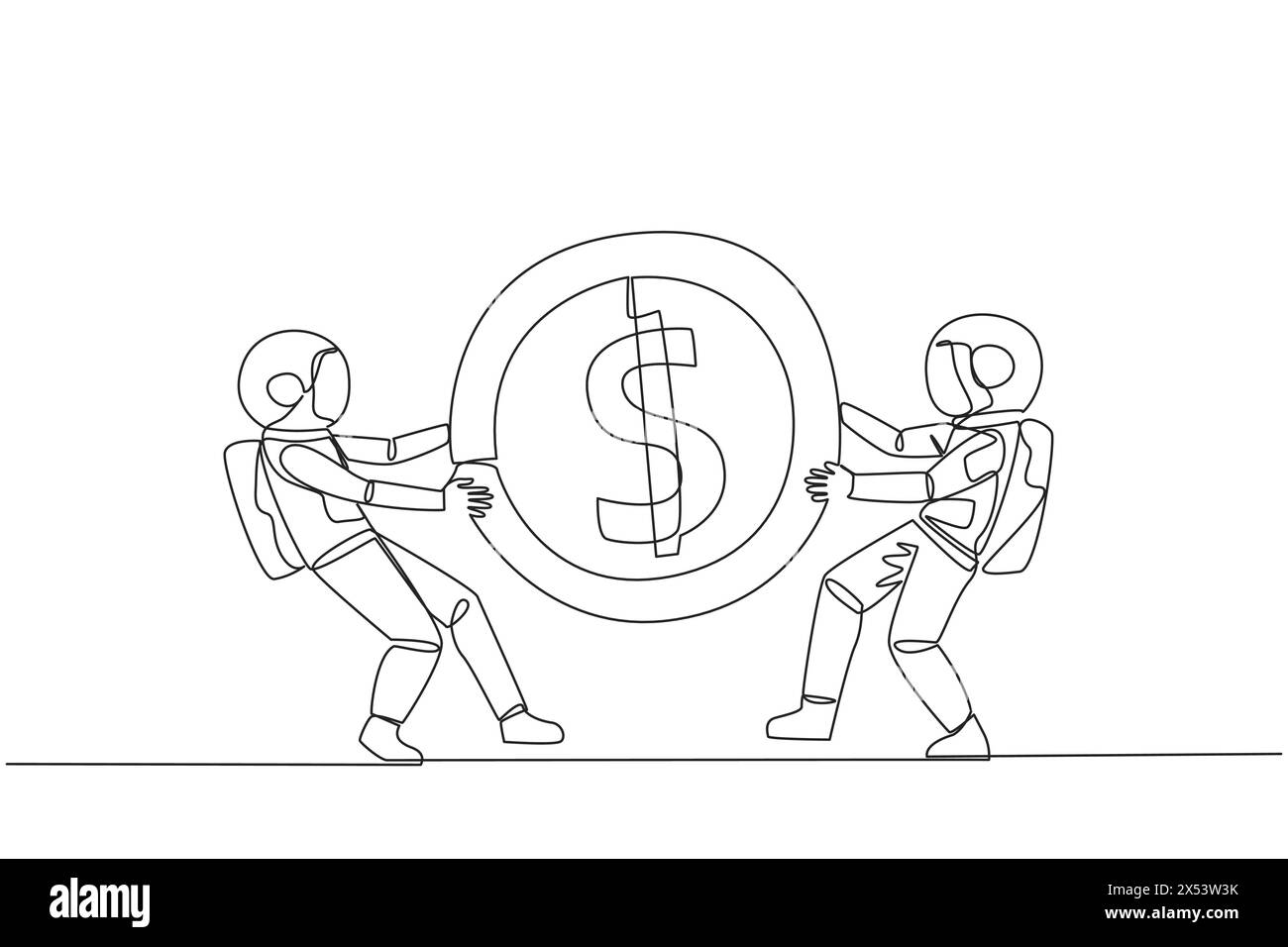 Single one line drawing two angry astronaut fighting over the dollar ...