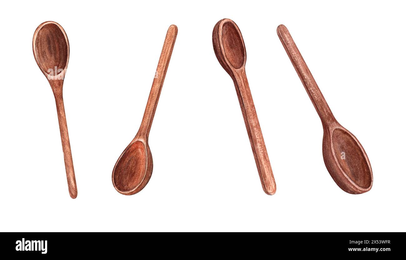 Natural wooden spoon set. Top and perspective view. Utensils for ...