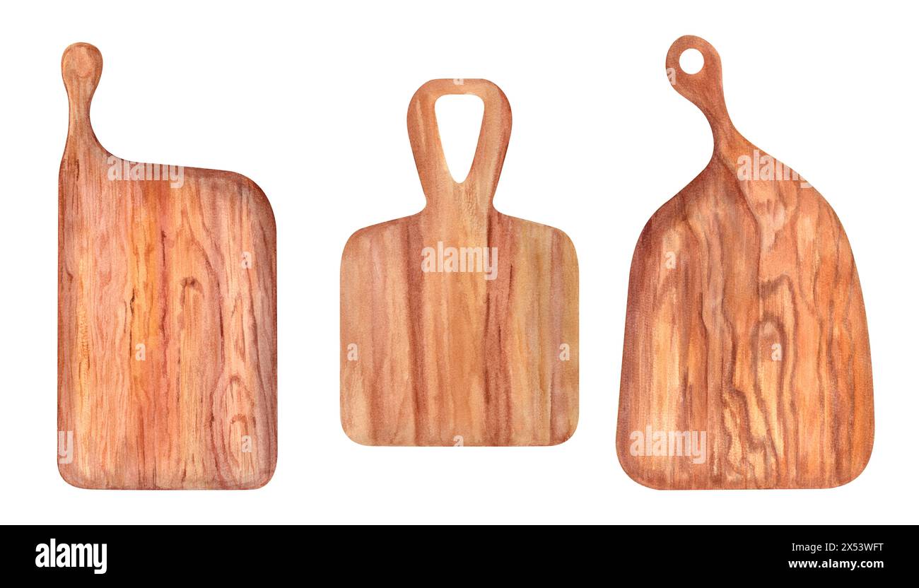 Set of empty wooden cutting boards with handle. Rectangle chopping ...