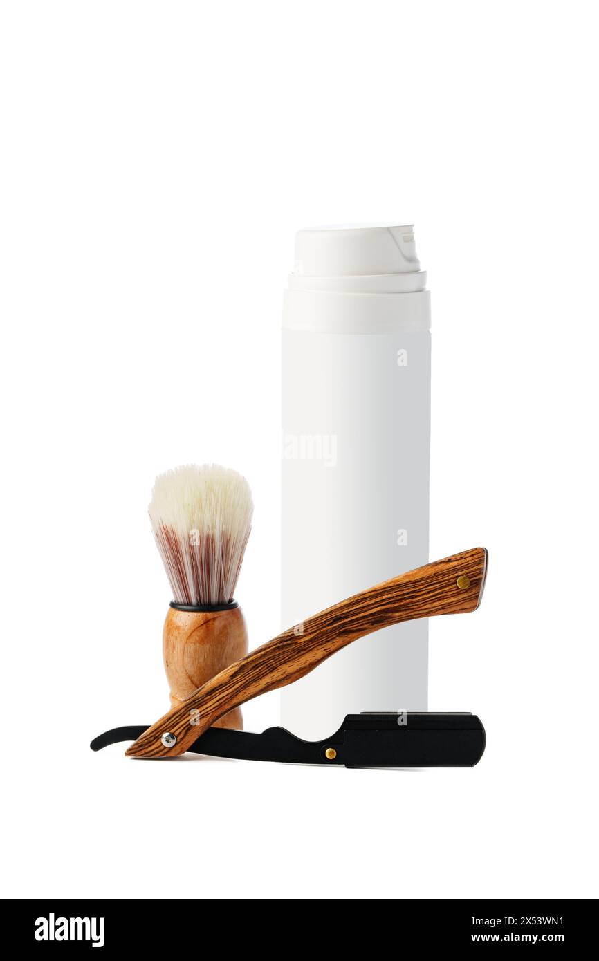 Vintage shaving razor and tools isolated on white Stock Photo - Alamy