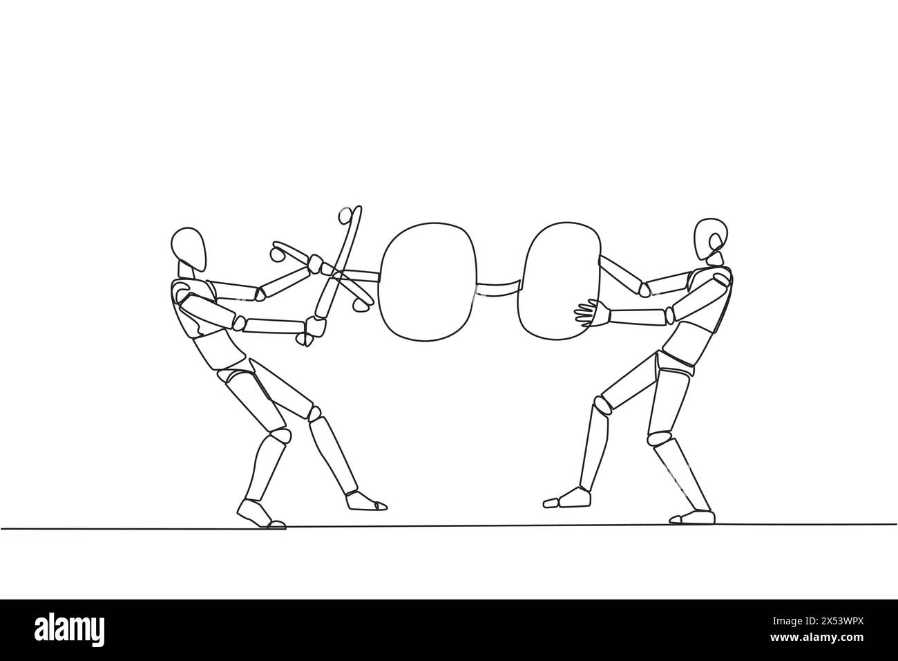 Single one line drawing two emotional robot fighting over office chair ...