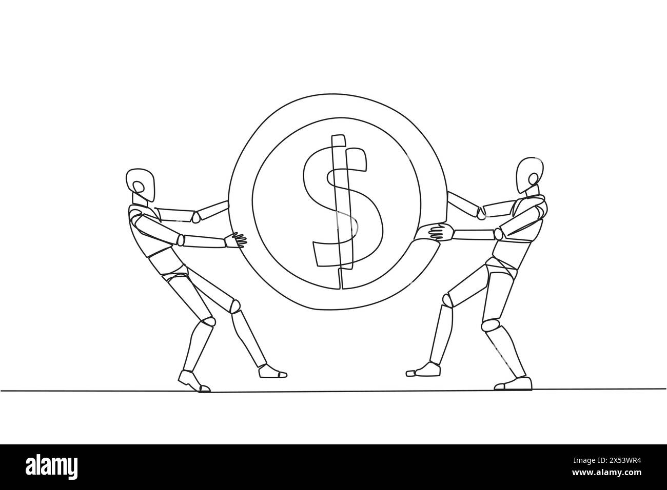 Single one line drawing two angry robot fighting over the dollar sign ...