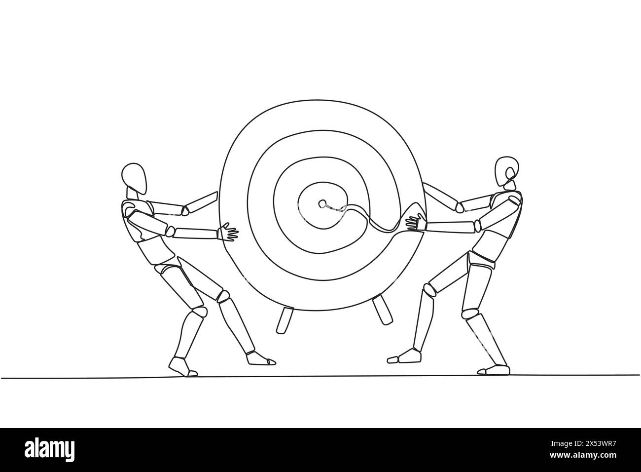 Single one line drawing two angry robot fighting over arrow target ...
