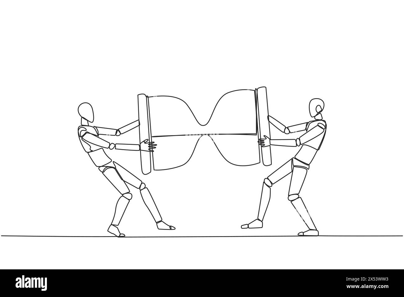 Continuous one line drawing two angry robot fighting over the hourglass ...