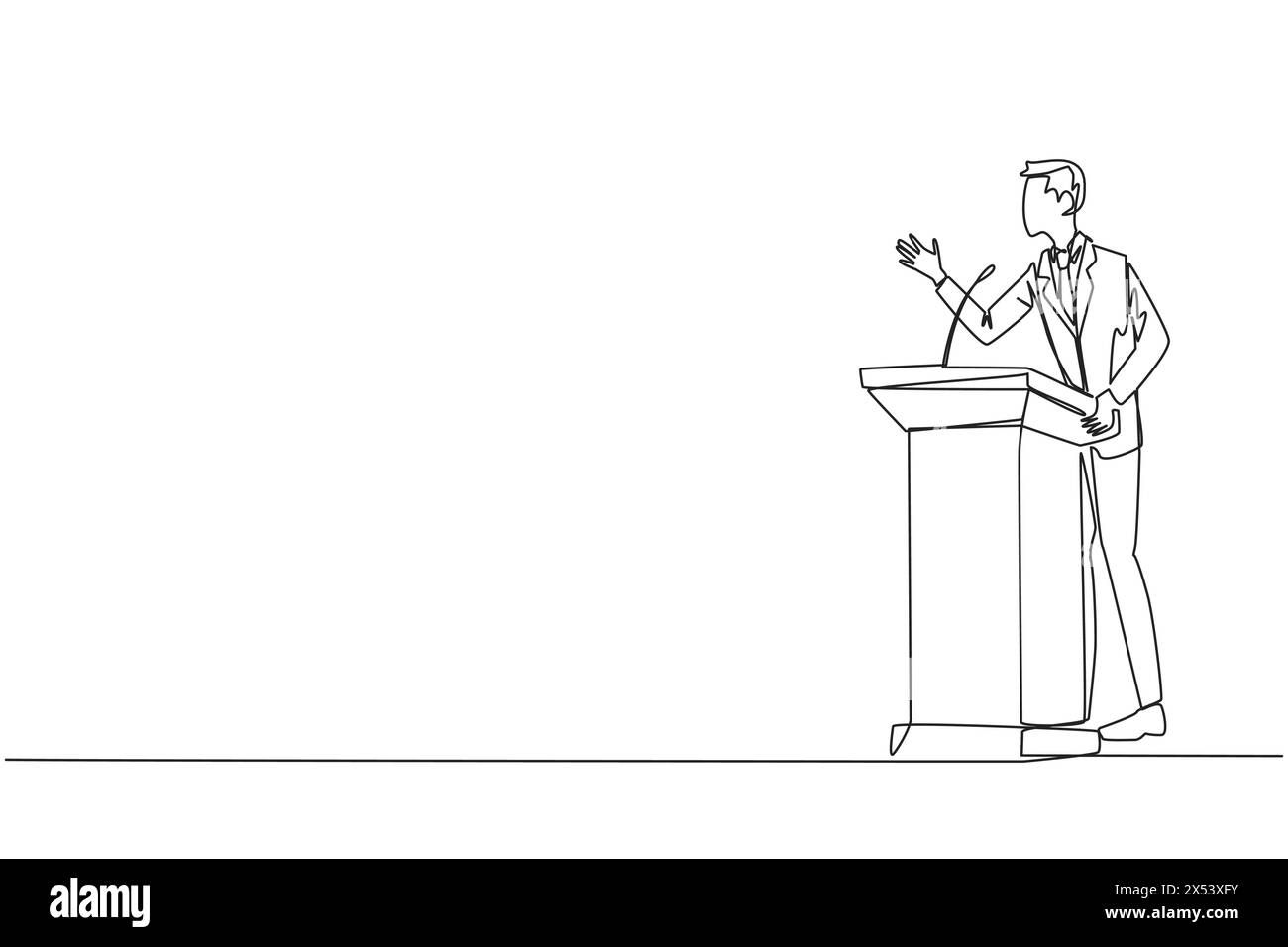 Single continuous line drawing businessman speech standing behind ...