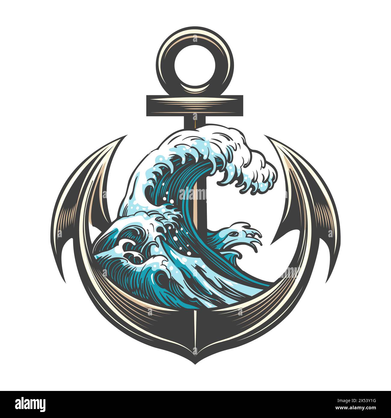 Ocean Wave and Ship Anchor Engraving Colored vector Illustration ...