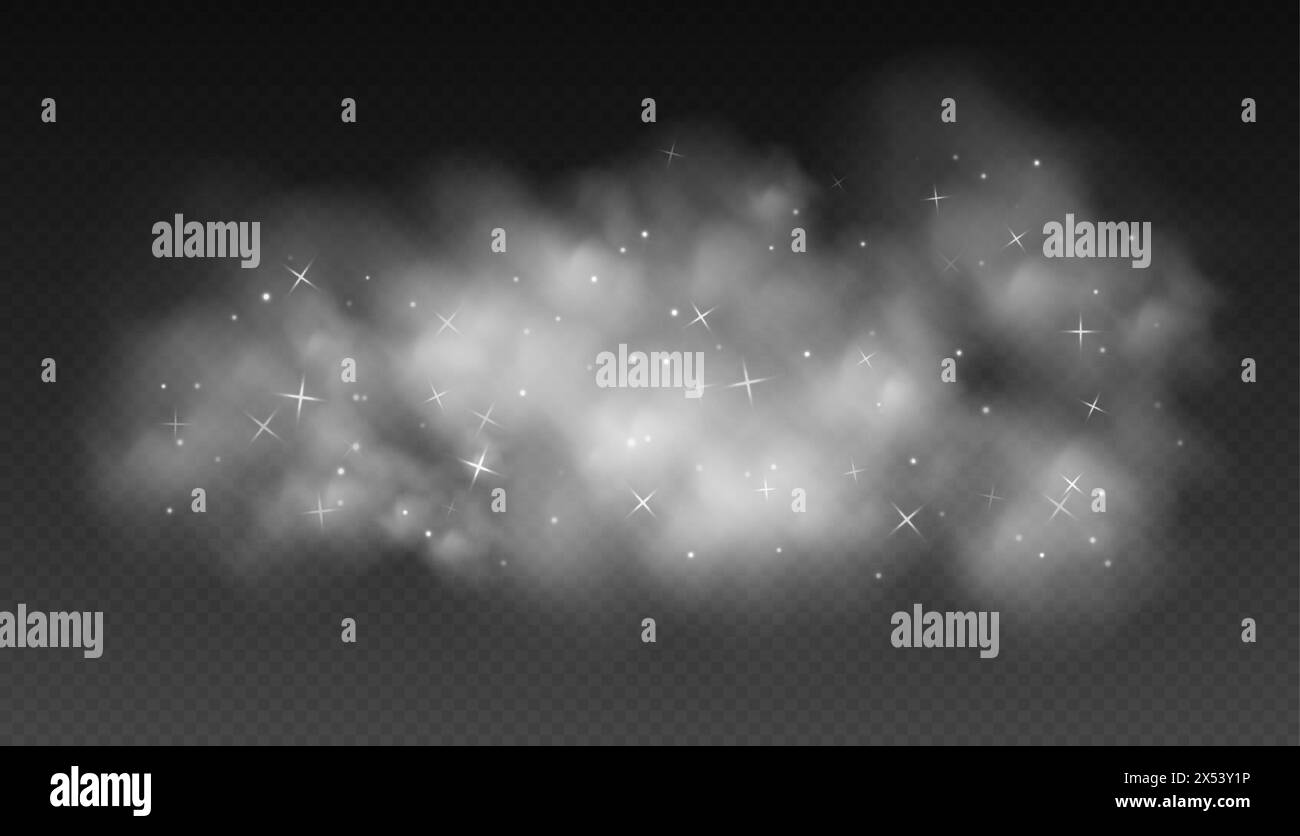 White magic smoke with stars and sparkles, fog with glowing particles ...