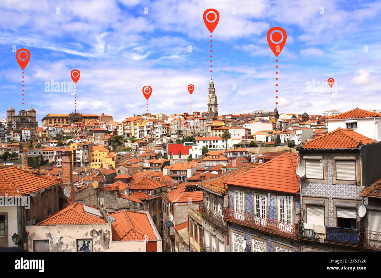 Network connection concept. Aerial view on old part of Ribeira in Porto ...