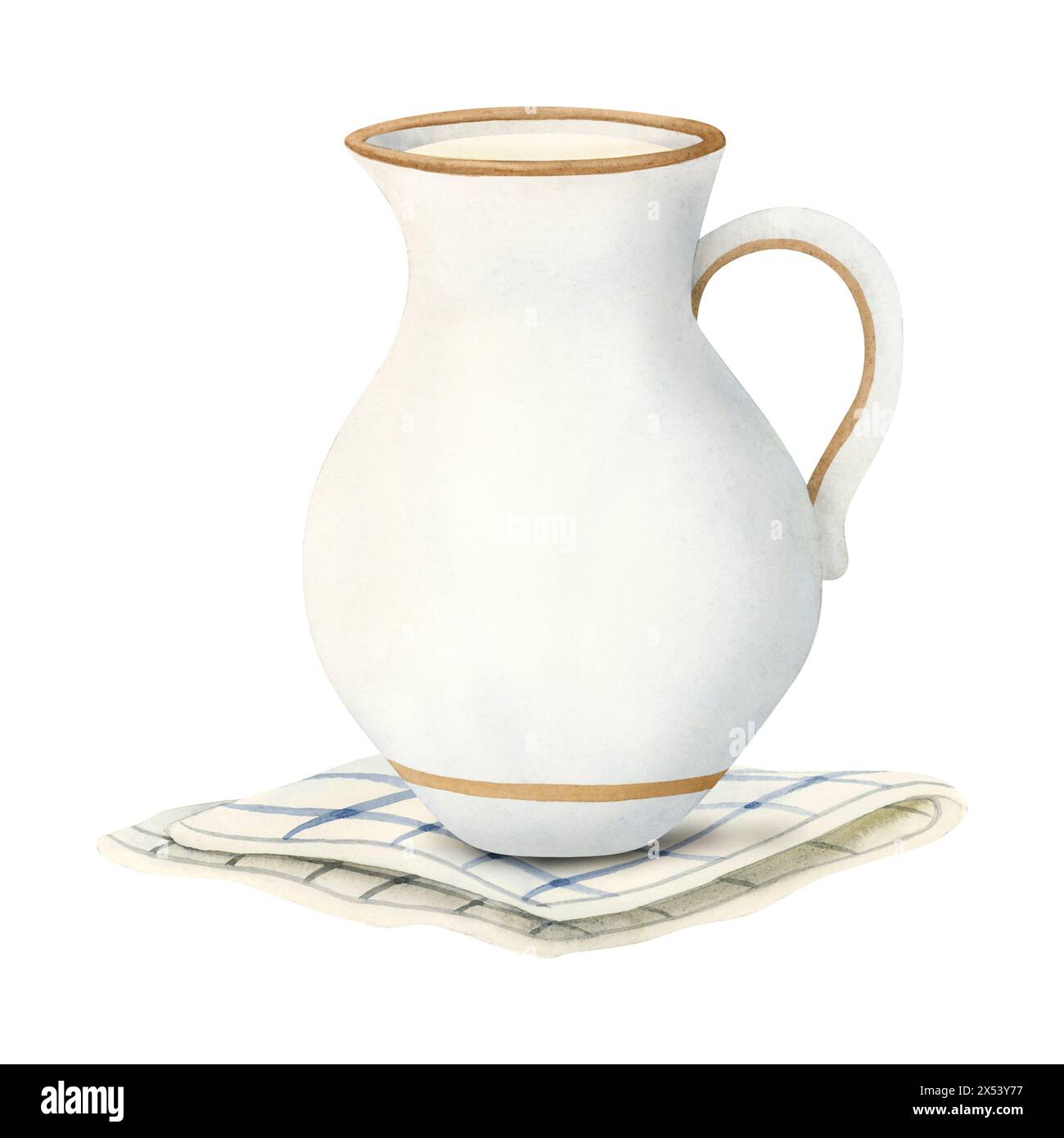 Farm milk in ceramic jug on striped tea towel or table cloth watercolor ...