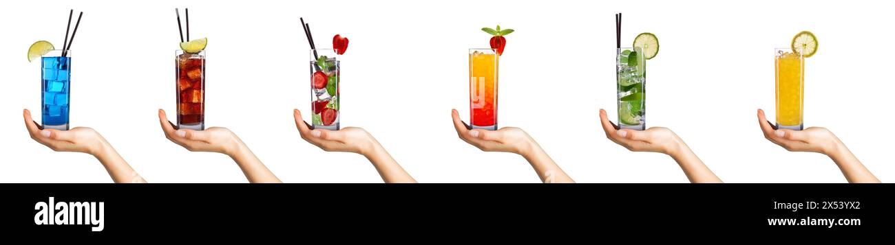 Woman hand holding cocktail in tall glass on white background Stock ...