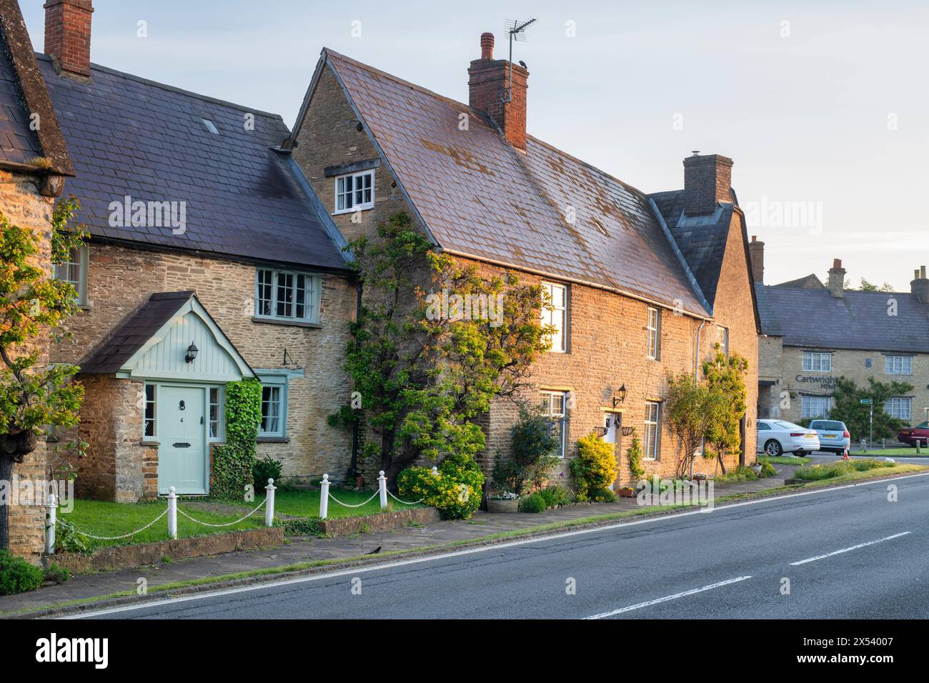 Spring sunrise on cottages in Aynho, Northamptonshire, England Stock ...