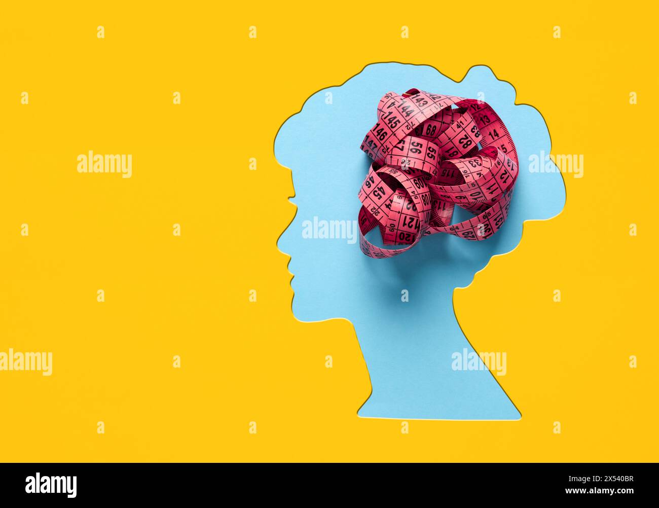 Weight loss and diet obsession. Thinking about dieting. Measuring tape ...