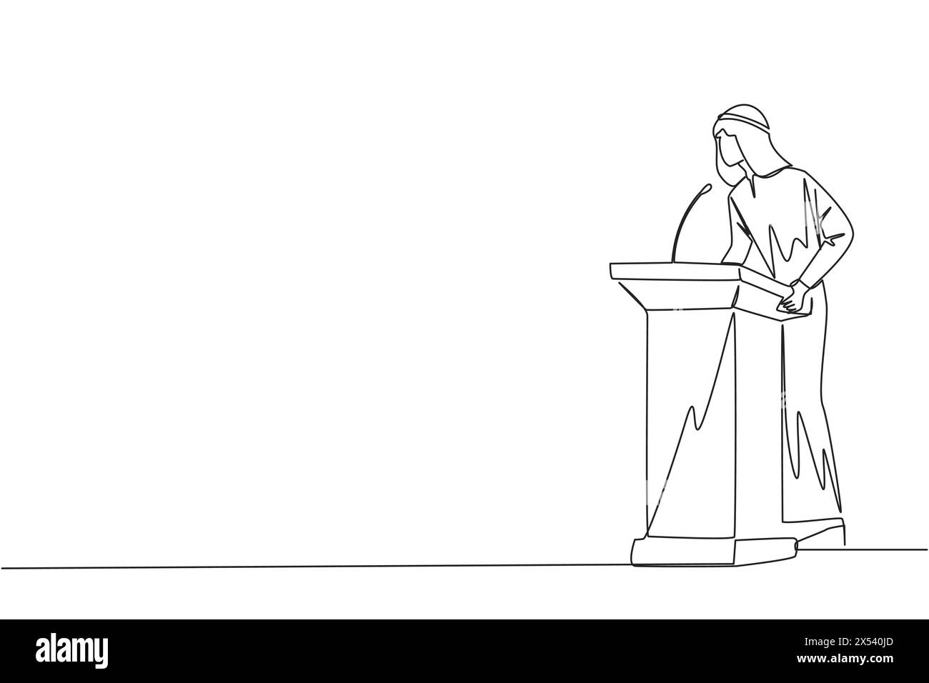 Single one line drawing Arabian businessman speech standing at podium ...
