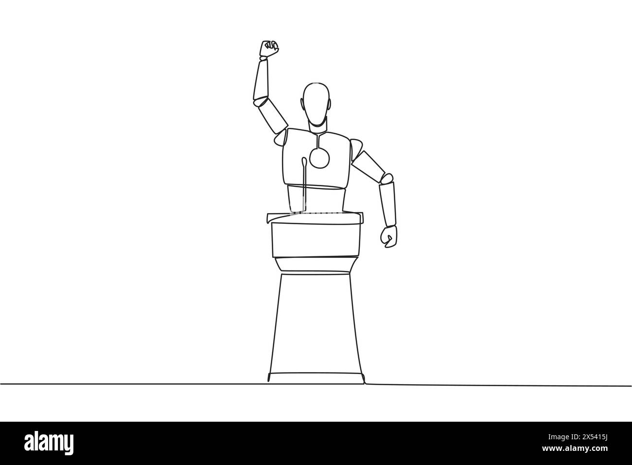 Continuous one line drawing robotic speak at the podium by clenching fists at head height. Doing ...