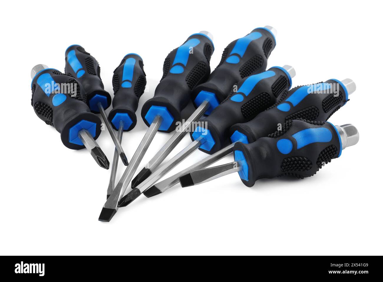 Set of screwdrivers with blue handles isolated on white Stock Photo - Alamy