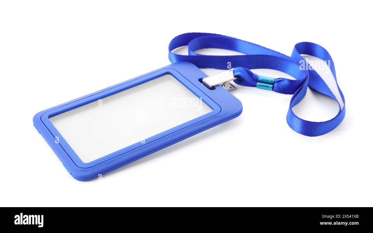 Blank blue badge with string isolated on white Stock Photo - Alamy
