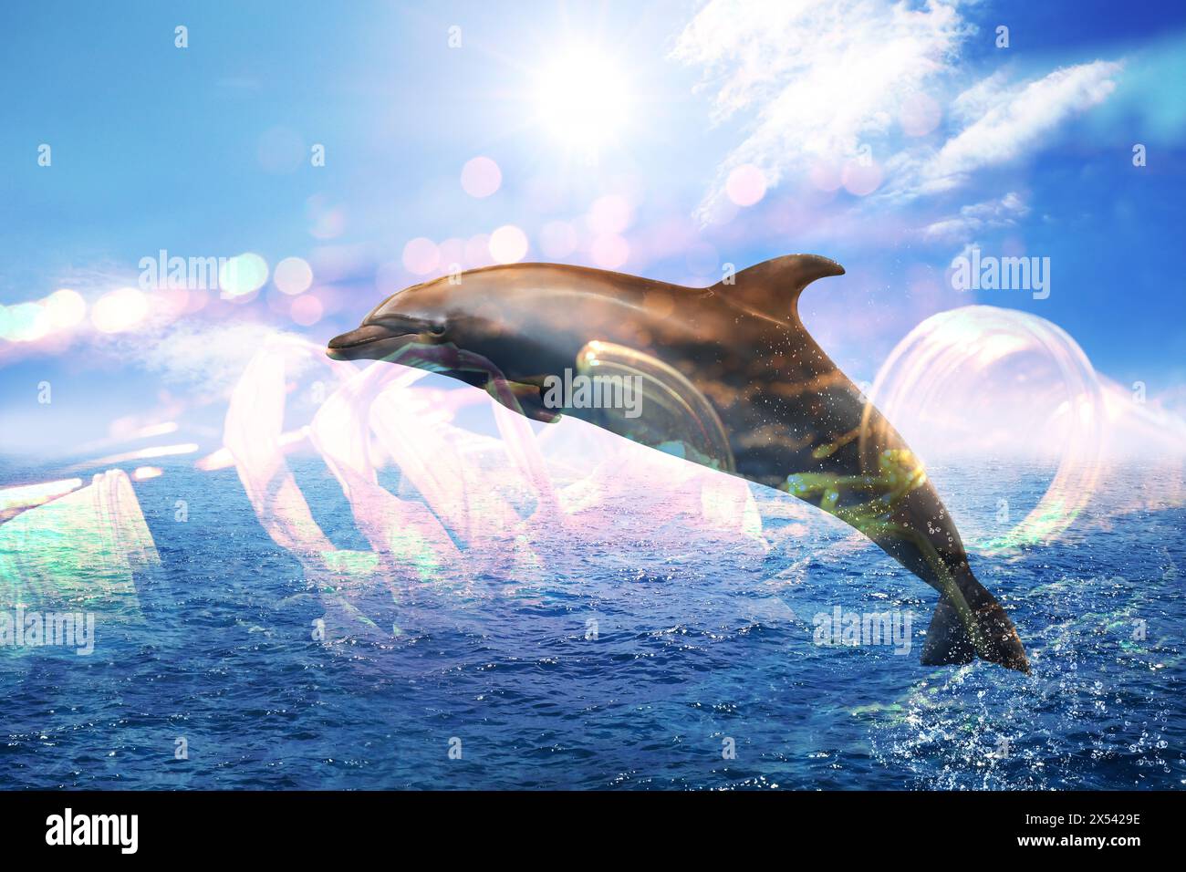 Plastic garbage and dolphin, double exposure. Environmental pollution ...