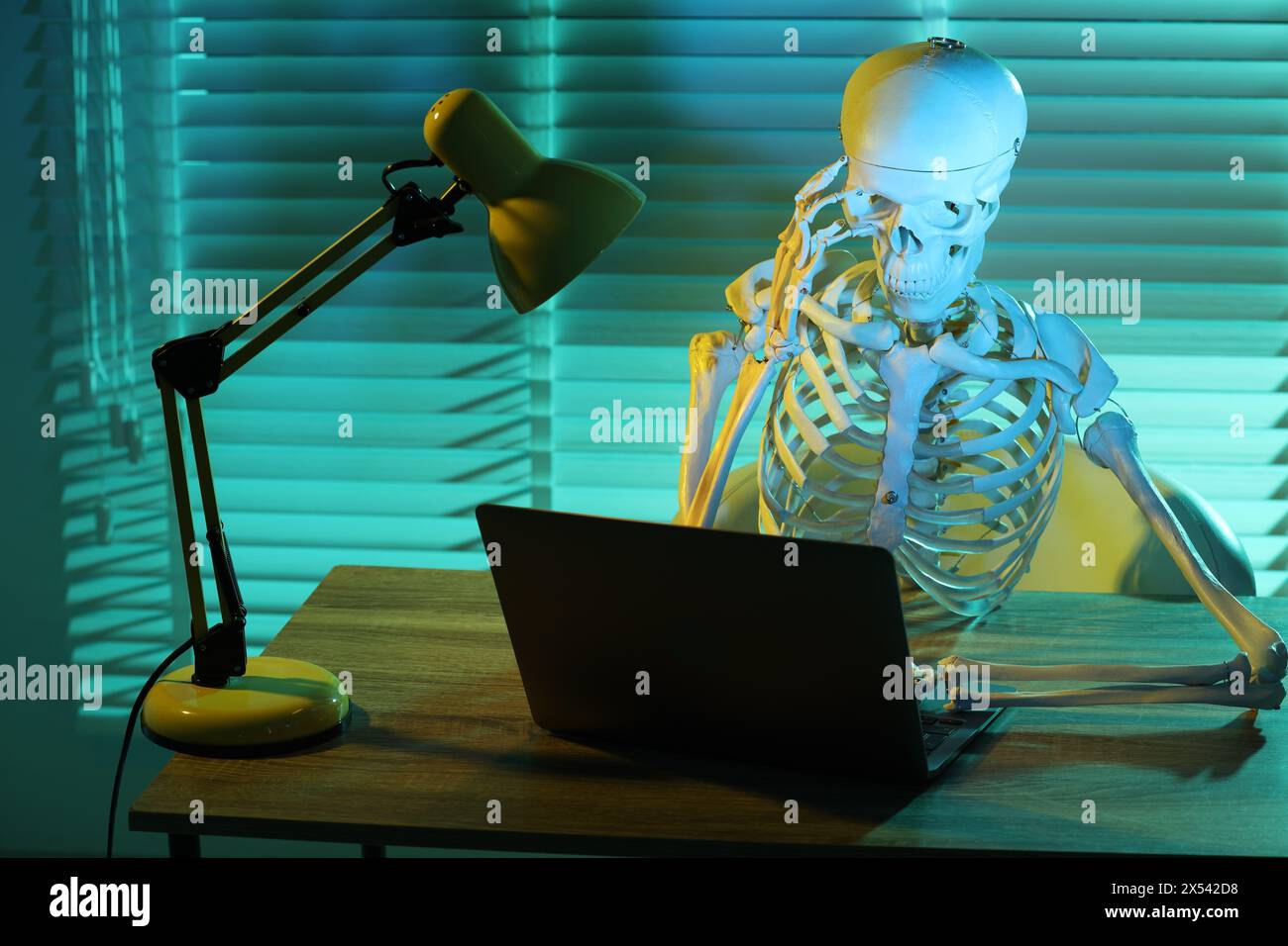 Waiting concept. Human skeleton sitting at wooden table with laptop ...