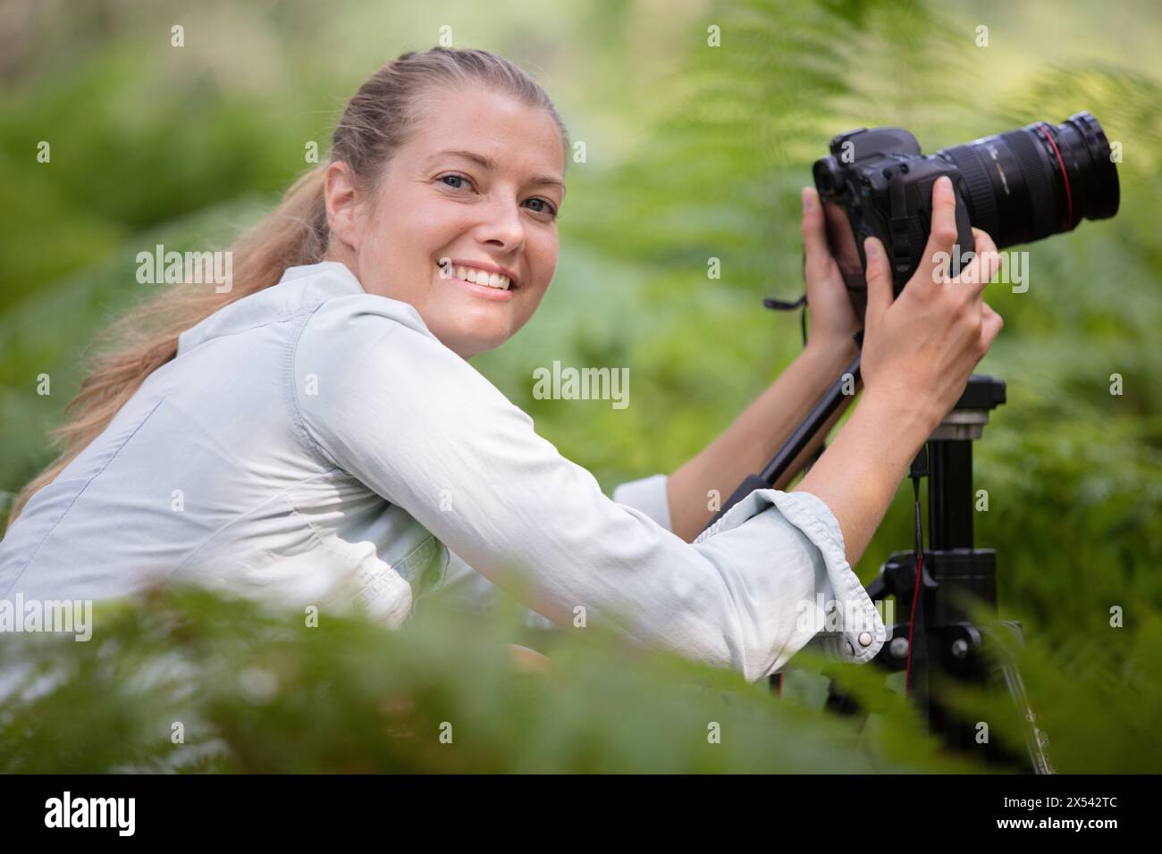 female photographer using tripod in the countryside Stock Photo - Alamy