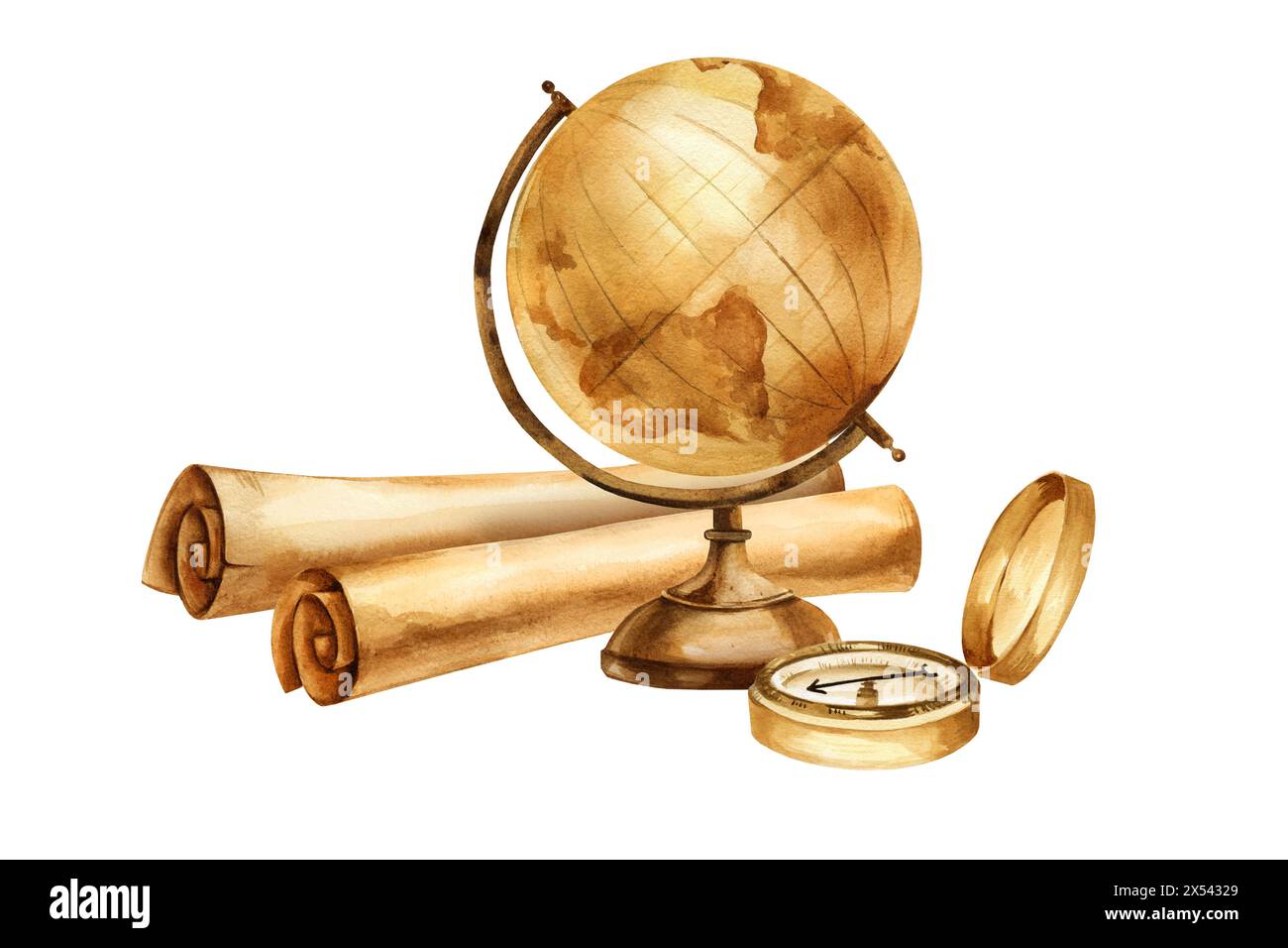 watercolor old brown paper scroll, vintage navigation metal compass ...