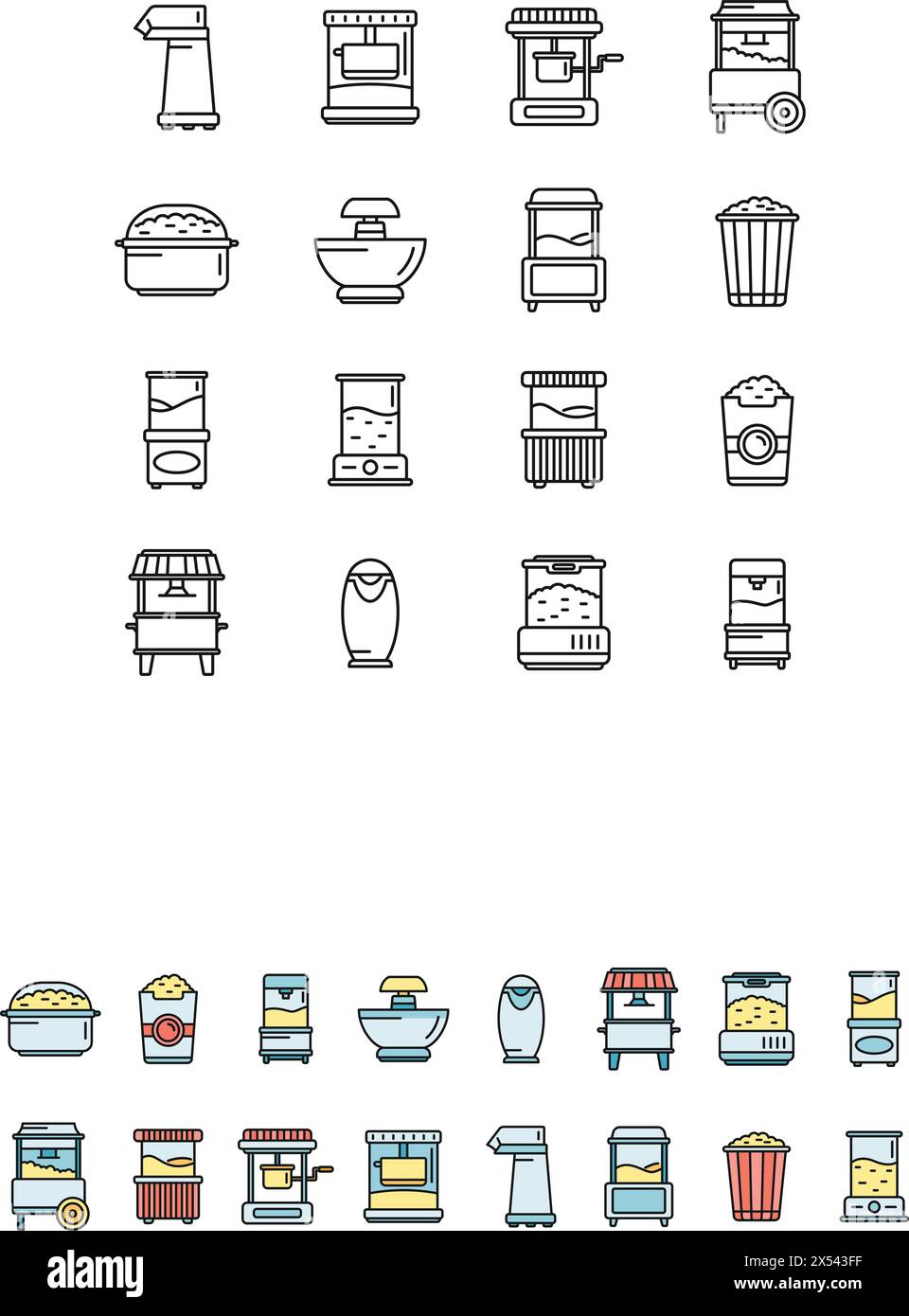 Popcorn maker machine icons set outline vector. Cinema corn. Making ...