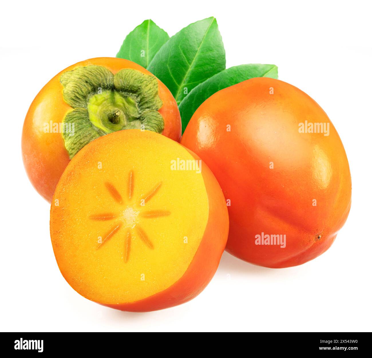 Ripe persimmon fruits or kaki fruits with leaves isolated on white ...