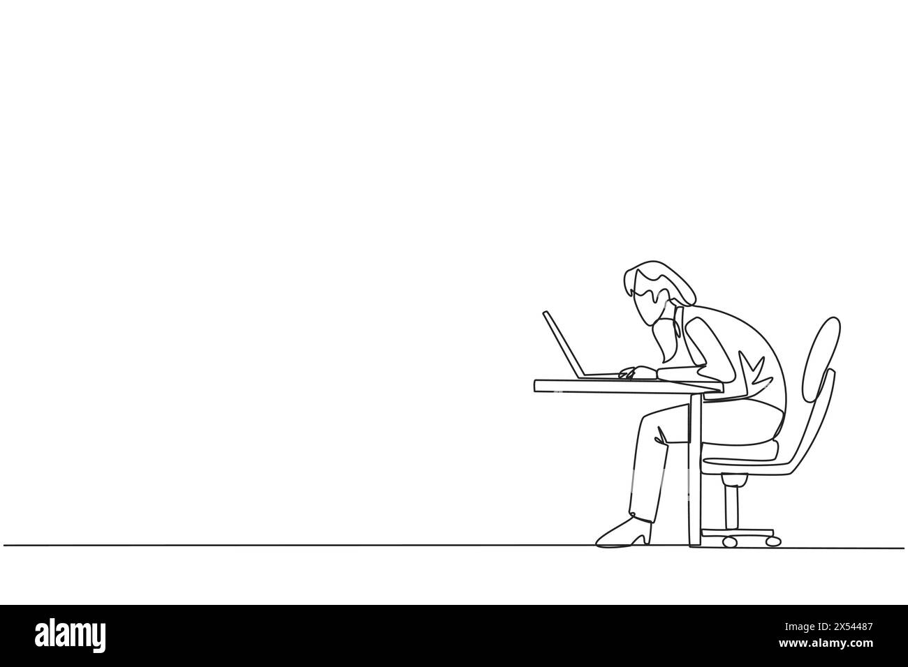 Continuous one line drawing businesswoman sitting and typing on laptop ...
