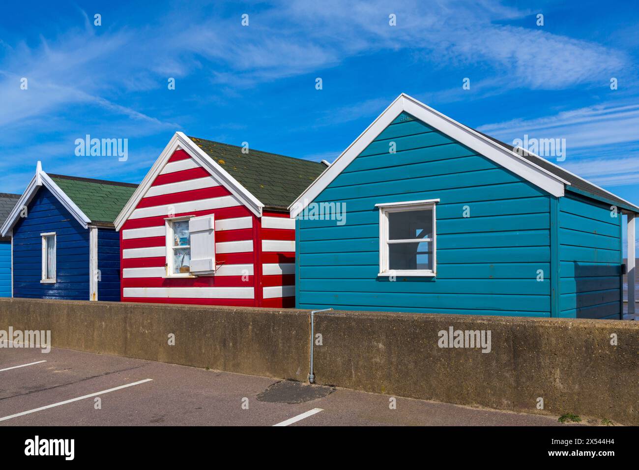 Three 3 colourful beach huts at Southwold, Suffolk, UK in April Stock ...